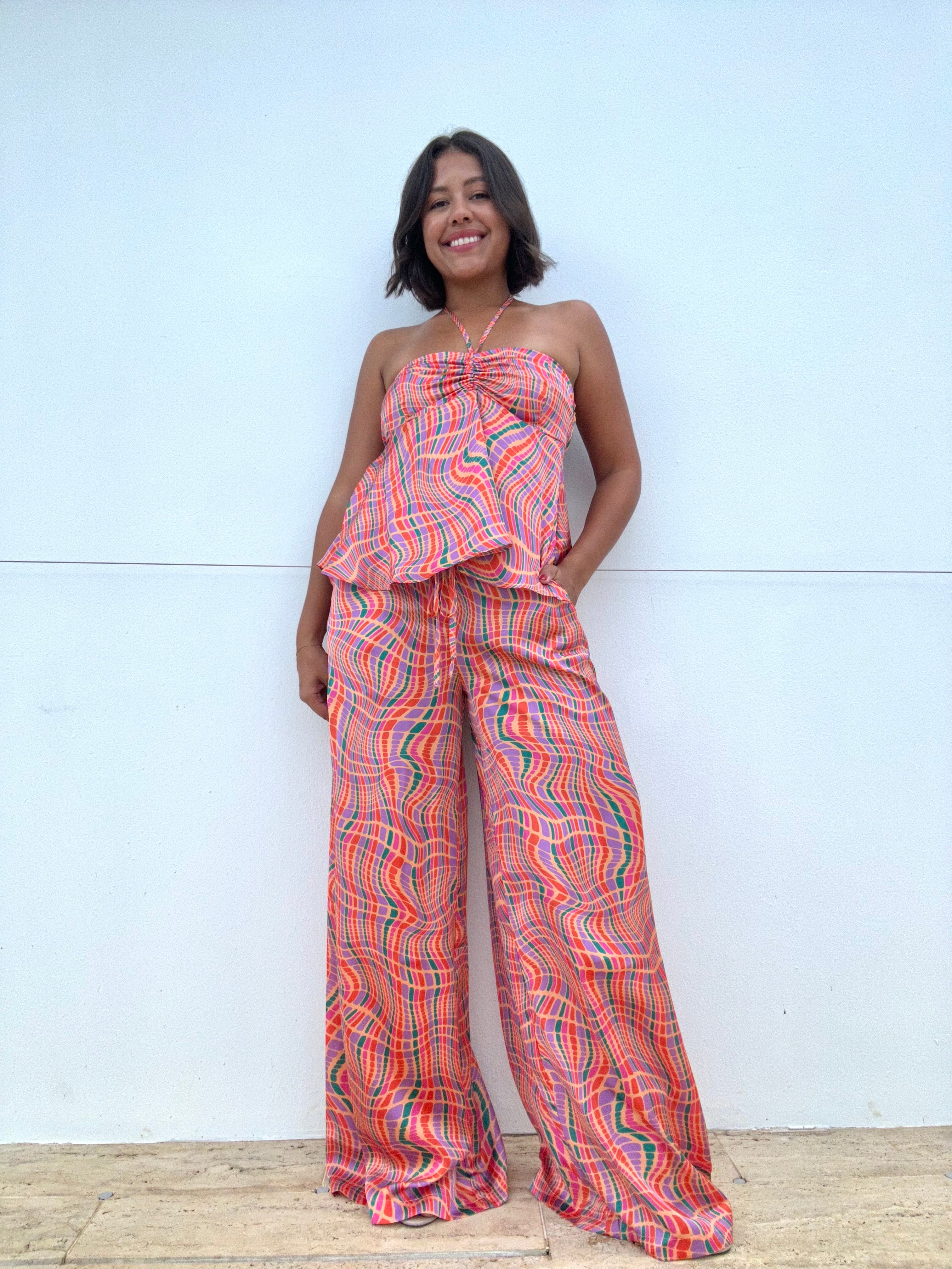 Disco Halter Flared Top and Wide Leg Pull On Pants Set – Mola
